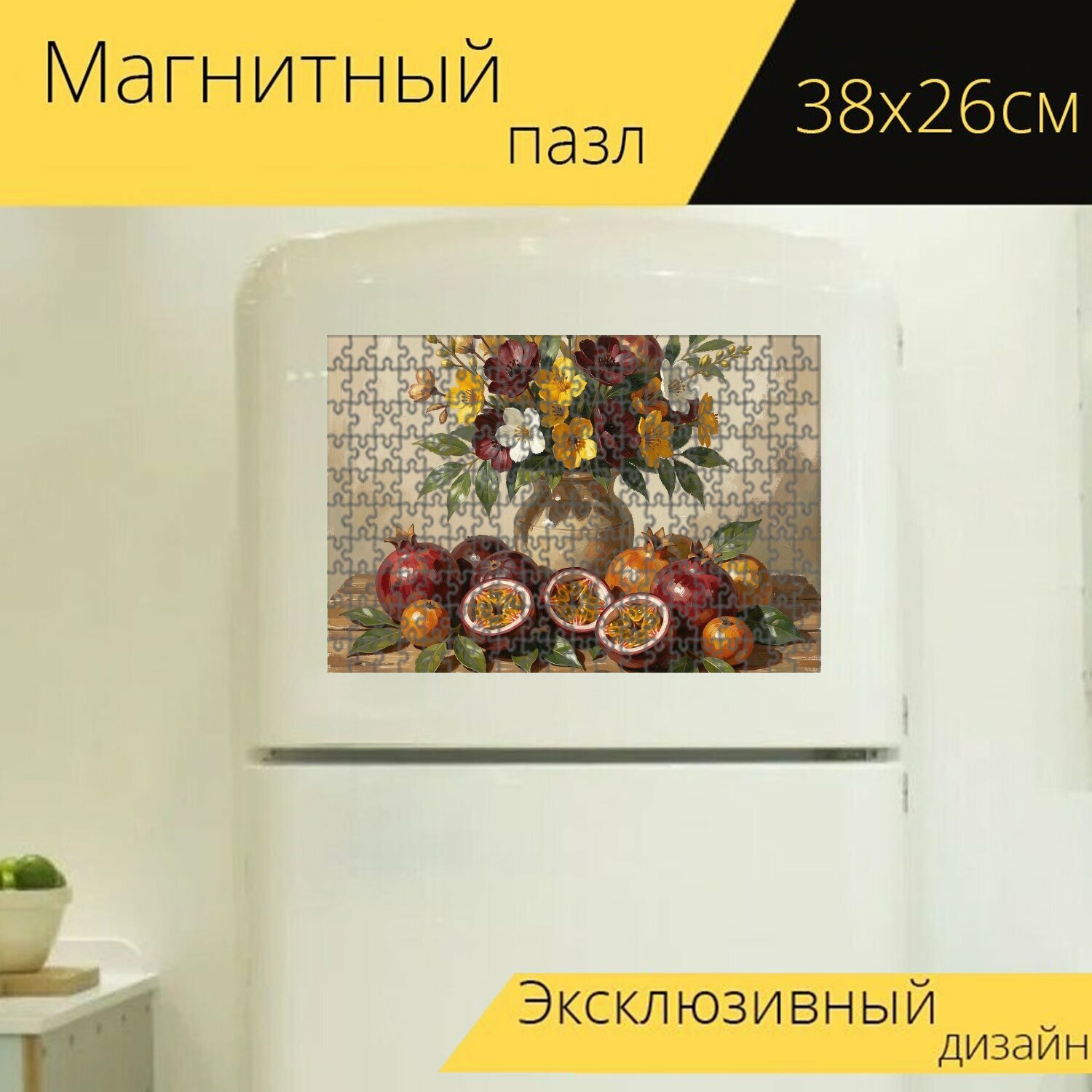 Магнитный пазл "Натюрморт с гранатами и цветами. Живописная композиция с букетом полевых цветов в керамической вазе, гранатами и ветками на деревянной." для интерьера, 38х26 см.