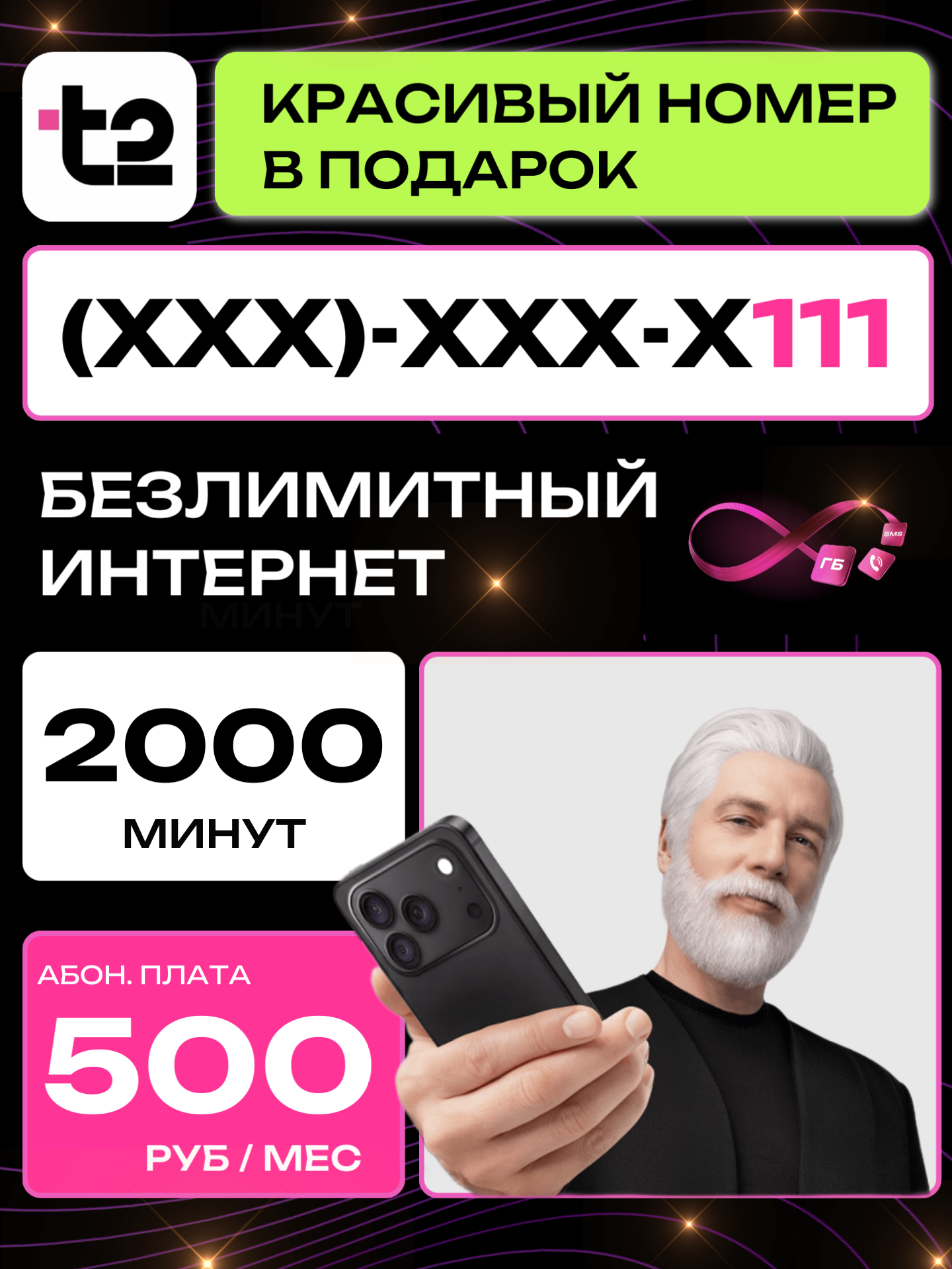 Сим карта. Красивый номер Теле2. Безлимитный интернет, 2000 минут.