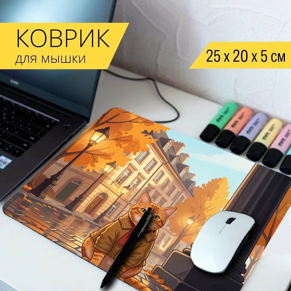 Коврик для мыши с принтом "Рыжий кот в пальто. Милый полосатый питомец в шарфе сидит на мокрой мощеной улице европейского города среди осенних деревьев и фонарей. Уютная." 25x20см.