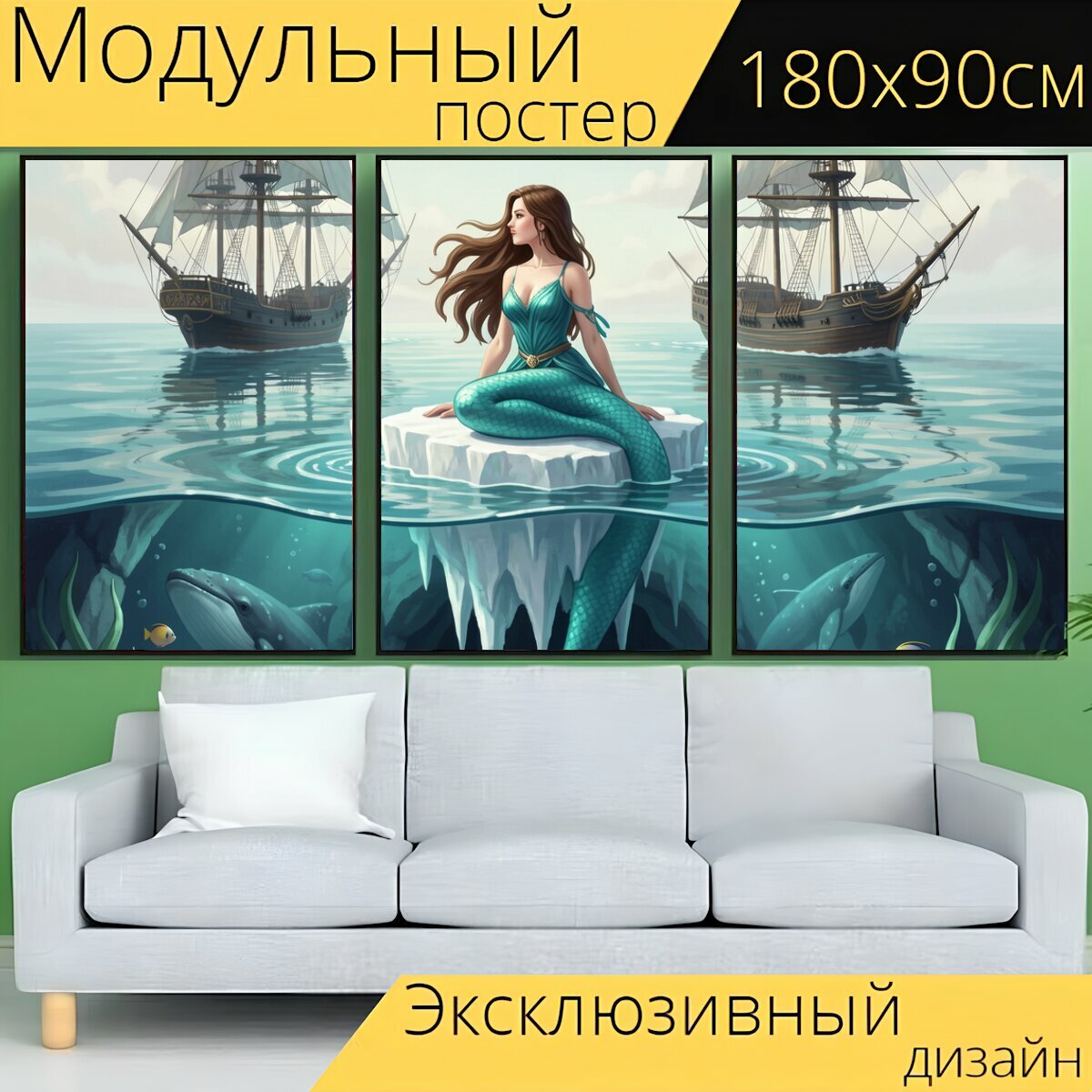 Модульный постер "Русалка на льдине у кораблей. Фэнтезийная морская сцена: девушка с бирюзовым хвостом сидит среди спокойной воды." 180 x 90 см. для интерьера на стену в тубусе