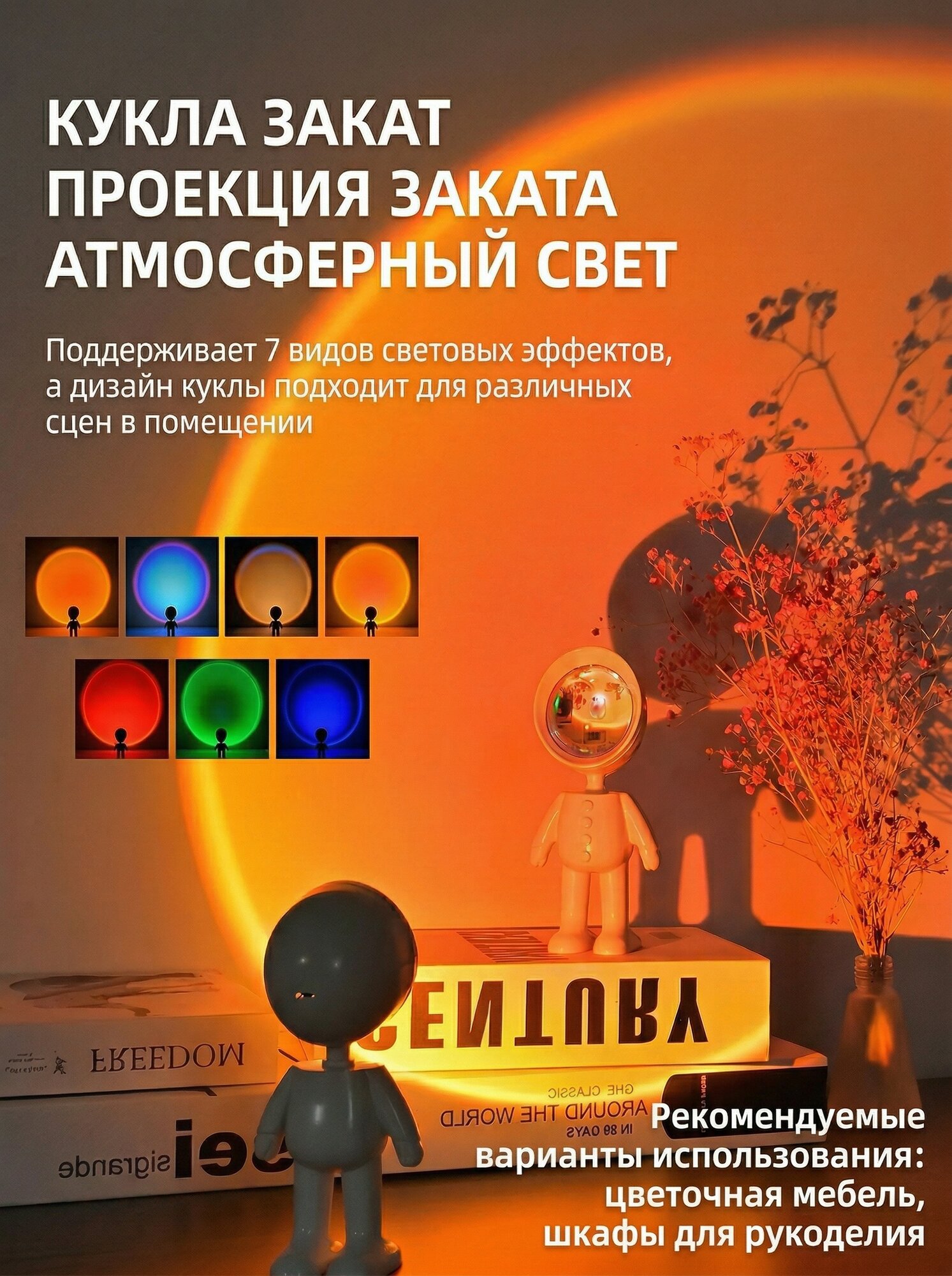 Проектор заката "Солнечный робот", 7 цветовых режимов, 14,5 см, USB-зарядка, для декора