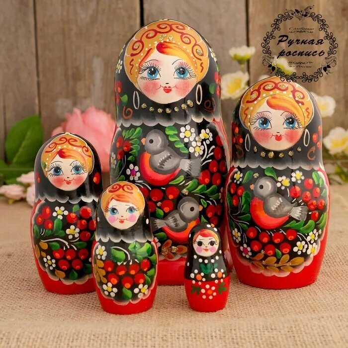 Матрёшка "Снегири в рябине", чёрный платок, 5 кукольная, 15 -18 см