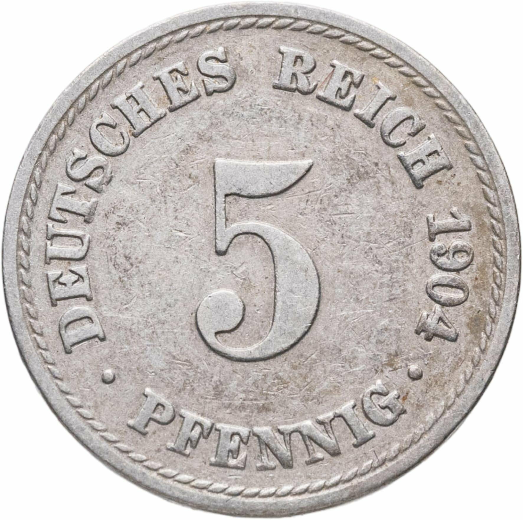 Германия 5 пфеннигов pfennig 1904 A знак монетного двора: "A" - Берлин, Мельхиор медь-никель, в сохранности VF