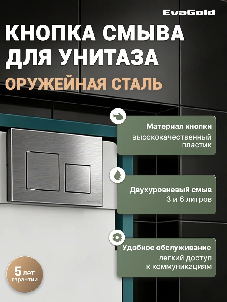 Кнопка смыва EvaGold 05, пластик квадрат оружейная сталь для инсталляции EvaGold 400 и EvaGold 500