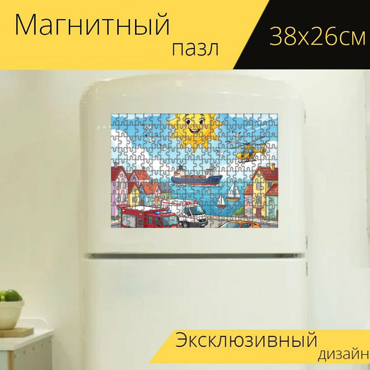 Магнитный пазл "Солнечный морской городок. Яркая мультяшная сцена у моря: улыбающееся солнце, белые облака, чайки, вертолёт, корабль, парусники, машины." для интерьера, 38х26 см.