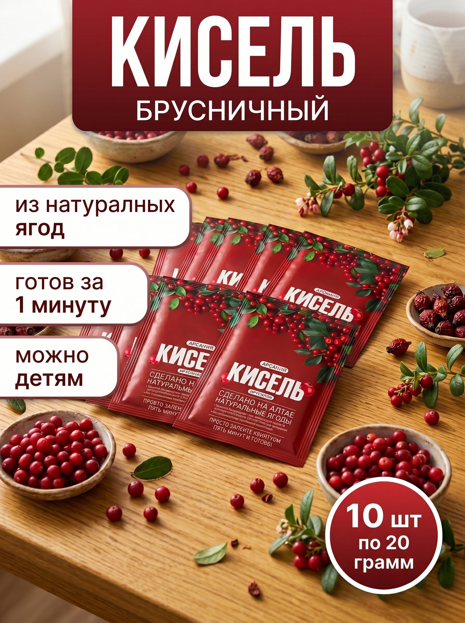 Кисель брусничный быстрорастворимый в пакетиках без варки с ягодами и витаминами 10 шт по 20 гр