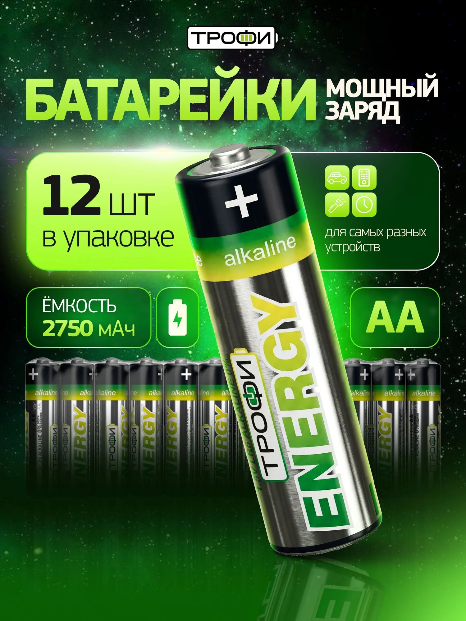 Батарейки пальчиковые АА Трофи LR6-12S ENERGY Alkaline, 12 штук