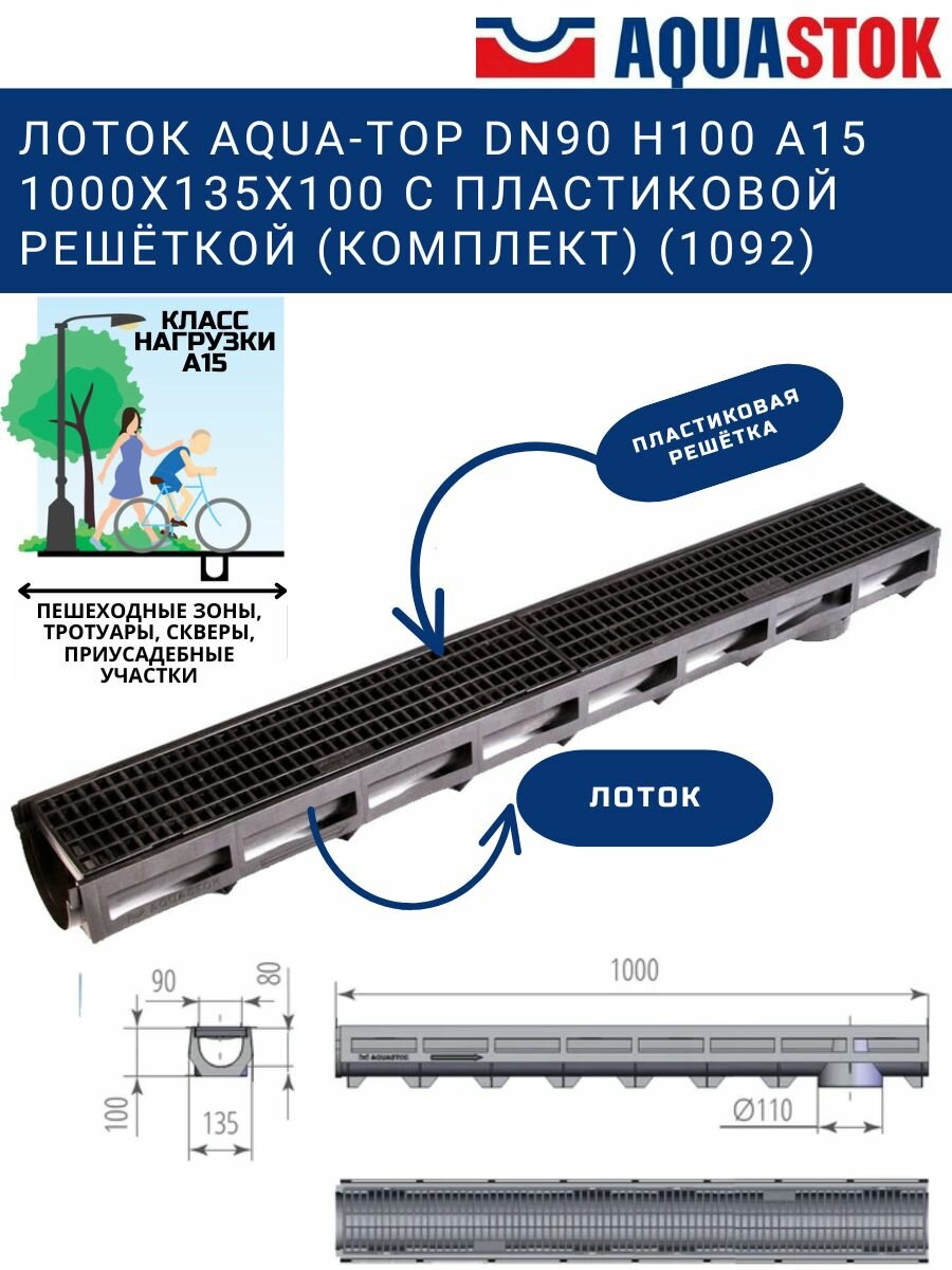 Лоток дождевой Aquastok AQUA-TOP DN90 H100 А15 1000*135*100 с пластиковой решеткой (комплект) арт.1092