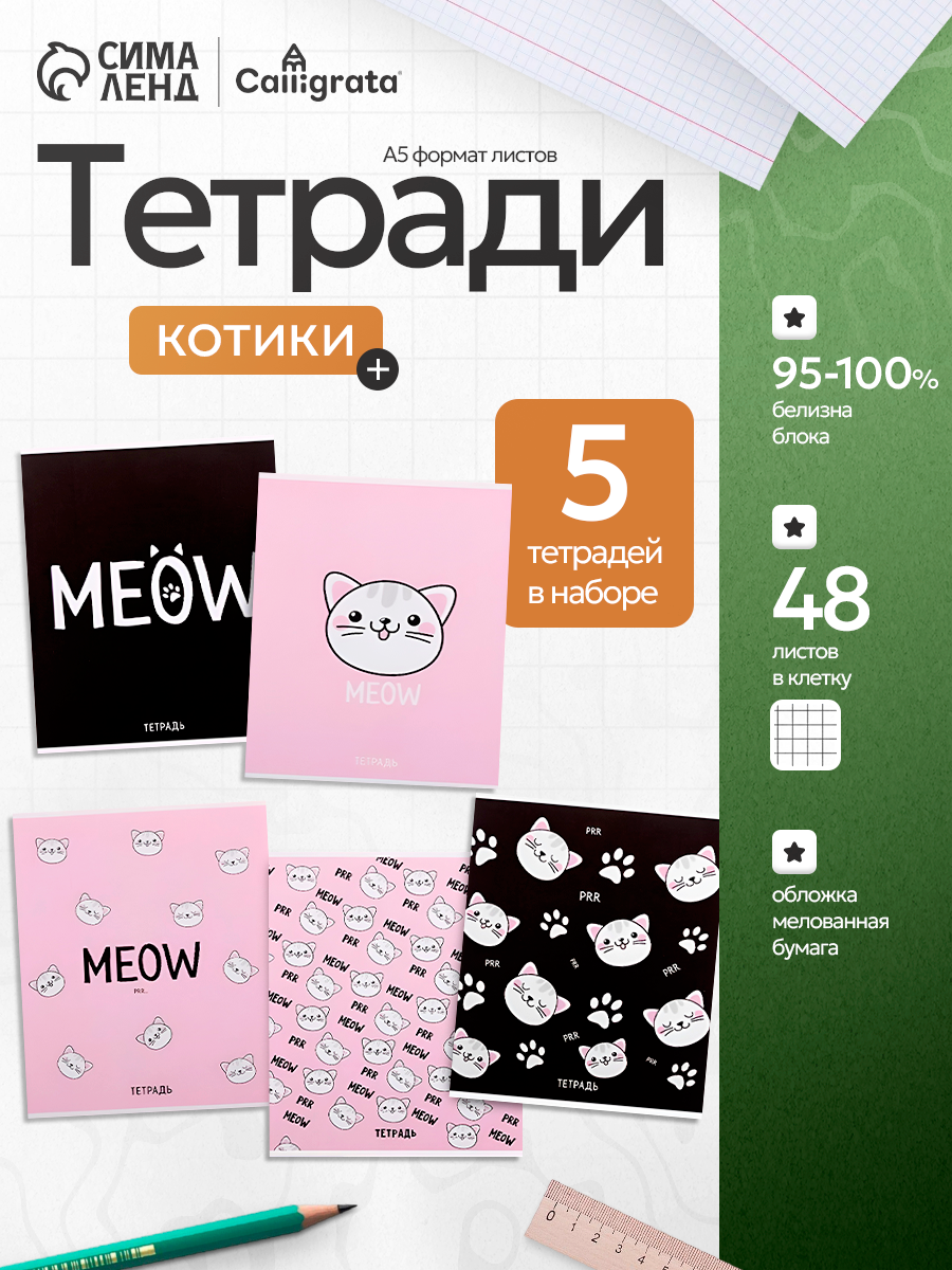 Комплект тетрадей из 5 штук, 48 листов в клетку Calligrata "Meow", обложка мелованный картон, блок офсет