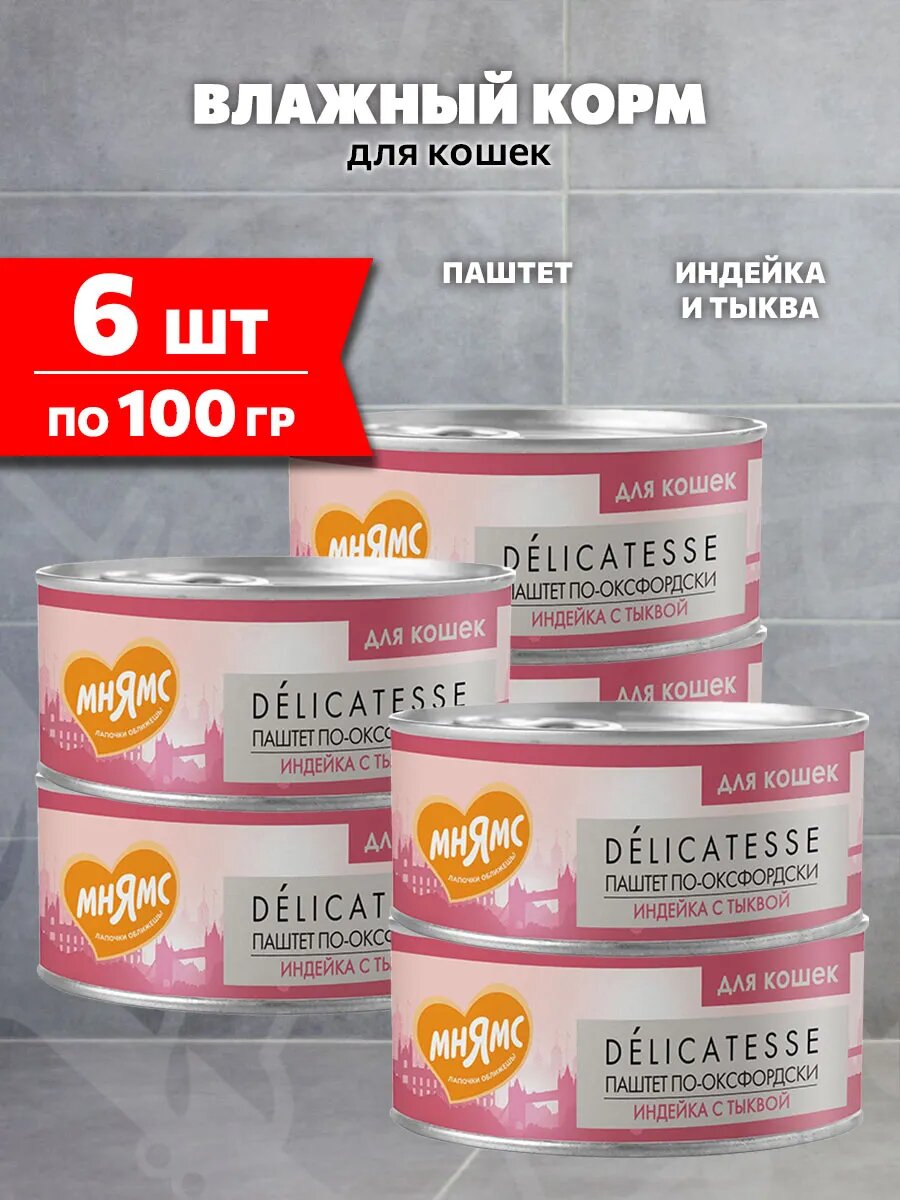 Корм влажный Мнямс Delicatesse Паштет По-Оксфордски для взрослых кошек, индейка и тыква, 100 г х 6 шт