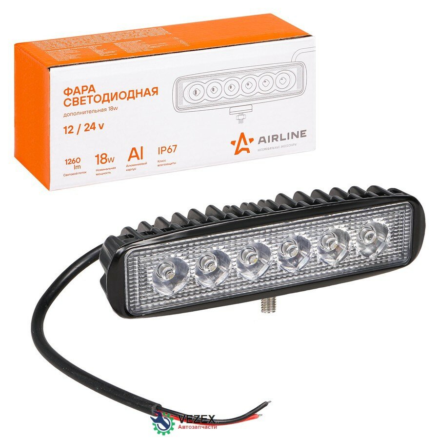 AIRLINE ALED004 фара светодиодная! прямоугольная, 6LED, направленный свет, 18Вт, 157х42х40мм, 12/24В, PLUS\