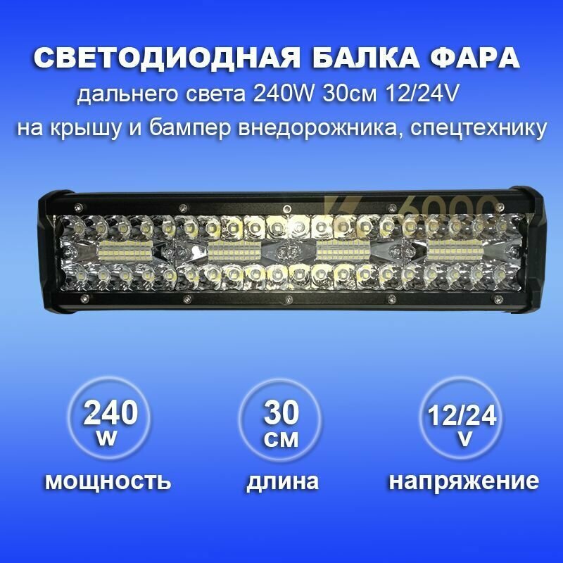 Балка фара дальнего света светодиодная на крышу и бампер внедорожника, катер, мото и квадроцикл, кран, погрузчик и спецтехнику 240w 12/24v 30см