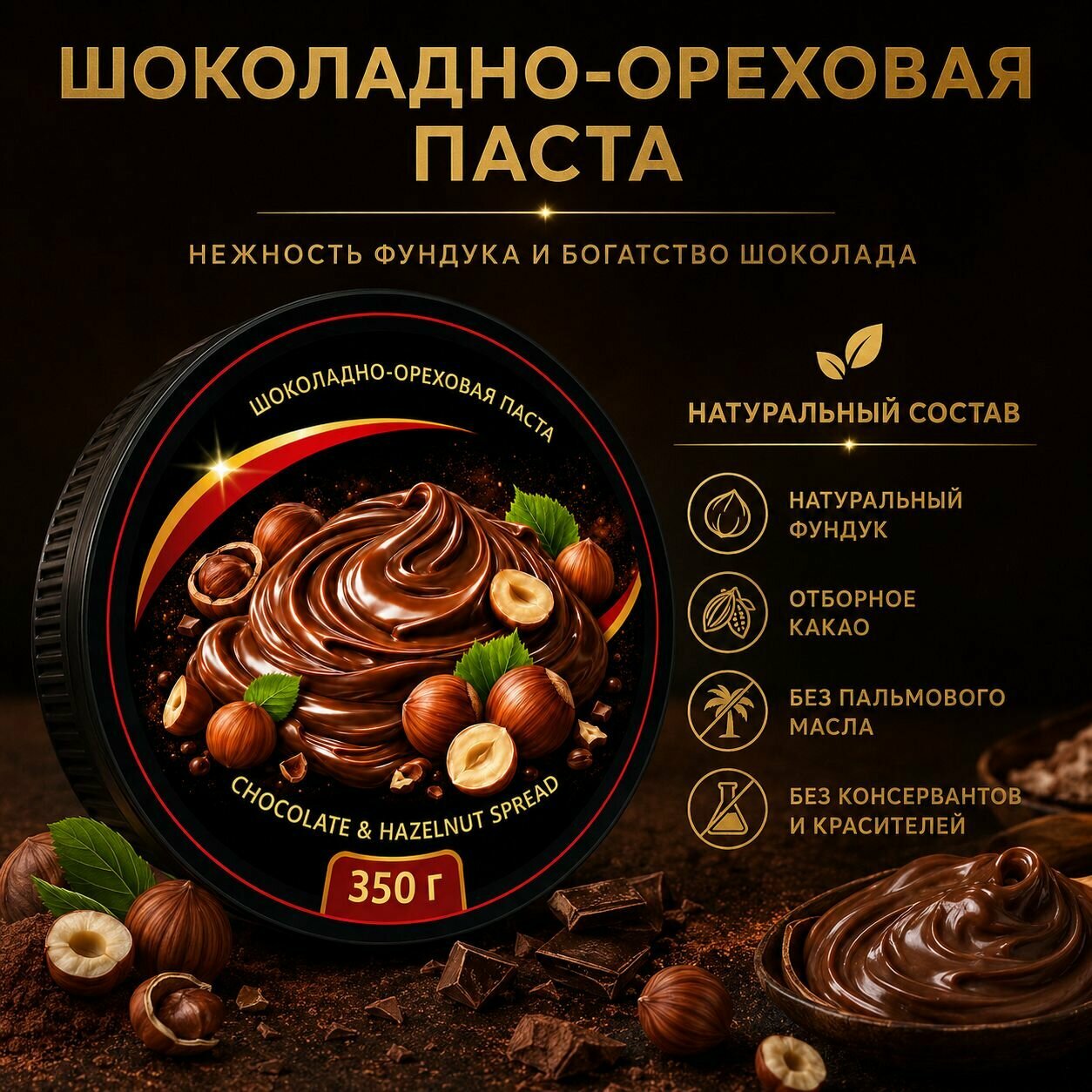 Шоколадная паста "Ореховая", с фундуком, десертная, без пальмового масла, 350г