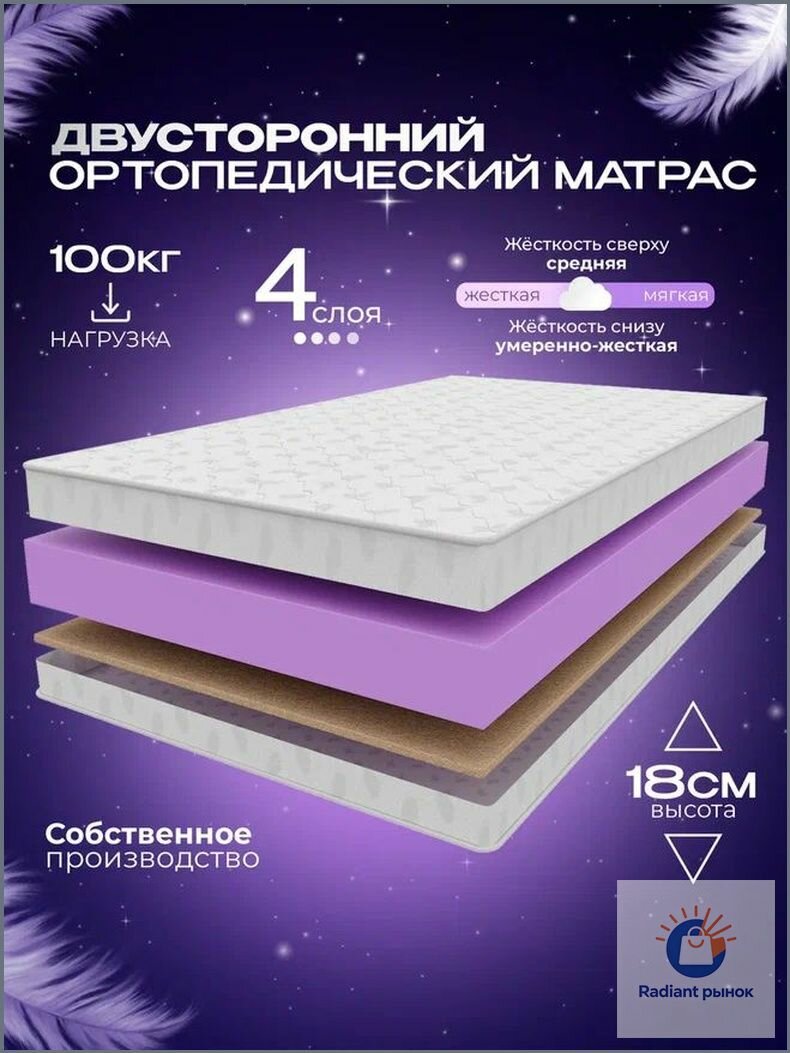 Ортопедический двуспальный беспружинный матрас 160х200 VITAFLEX Medicine 17V Sk, ППУ, с кокосом, двусторонний, разная жесткость, в рулоне