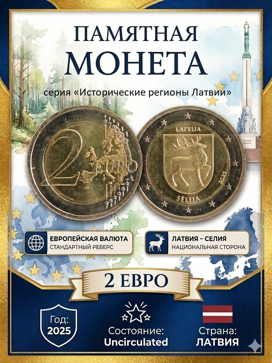 Подлинная монета 2 евро 2025 года Латвия: Селия
