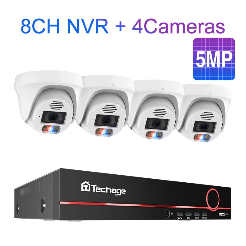 Система безопасности Techage H.265 8CH 4K 5MP POE с камерами наблюдения 8MP купольная камера для помещений с функцией распознавания лиц, двусторонним звуком и цветным ночным видеонаблюдением