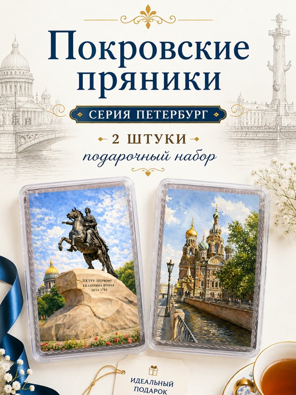 Подарочный набор покровских пряников 2 шт по 140 гр "Медный всадник" и "Спас"