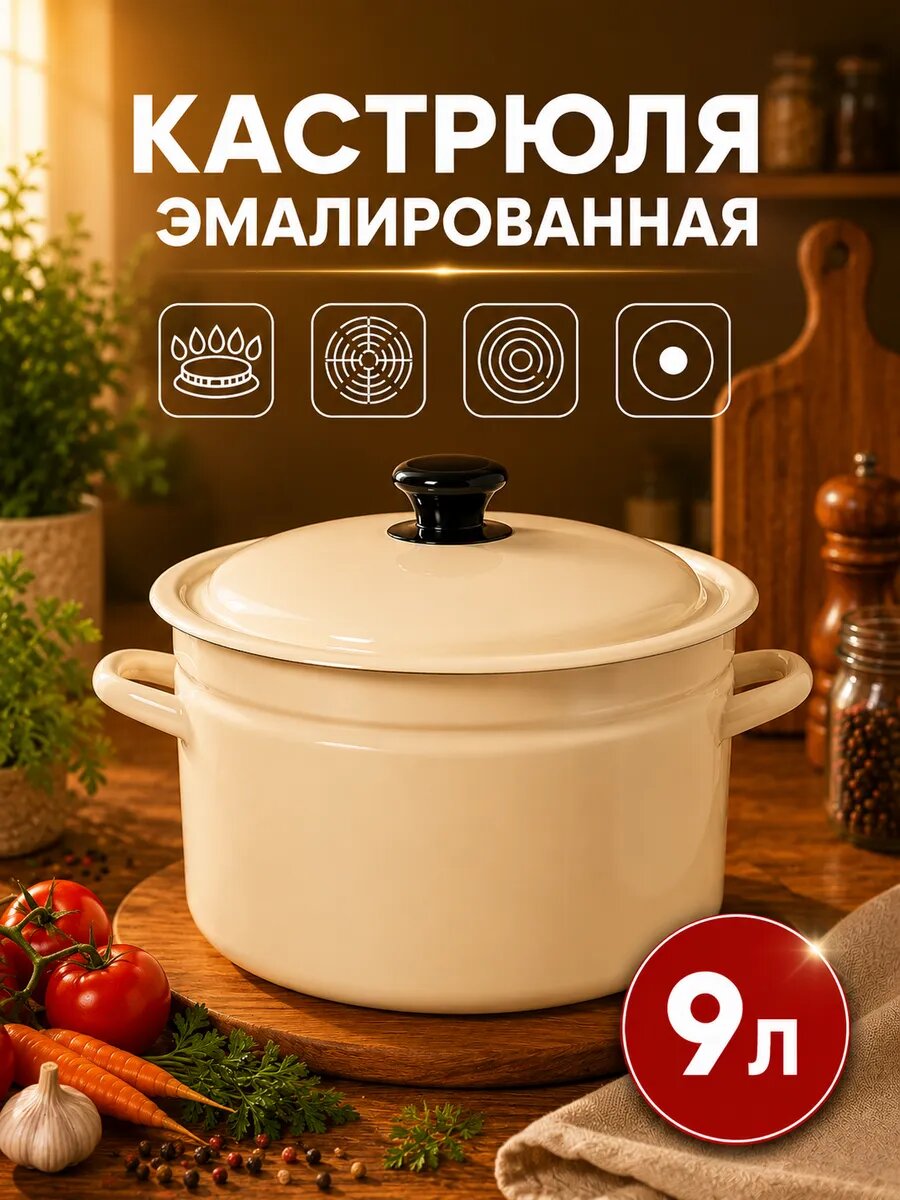 Кастрюля эмалированная, 9 л, с крышкой, цилиндрическая, цвет слоновой кости