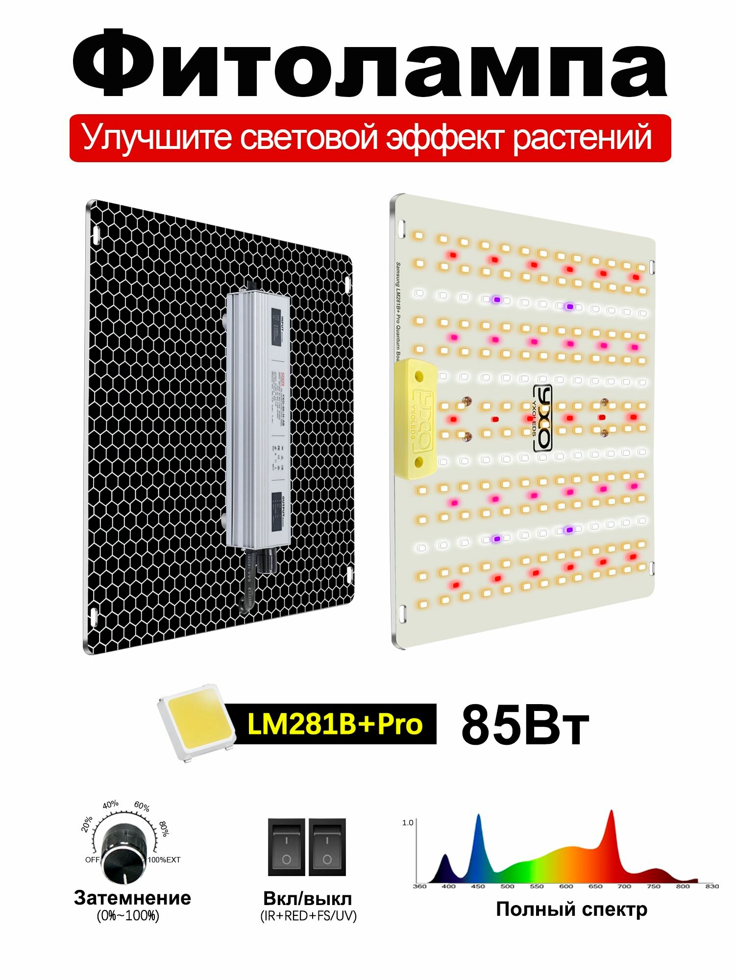Светодиодная фитолампа полного спектра для рассады, микрозелени, lm281b+pro 3000K 5000К 660nm,730nm 85Вт