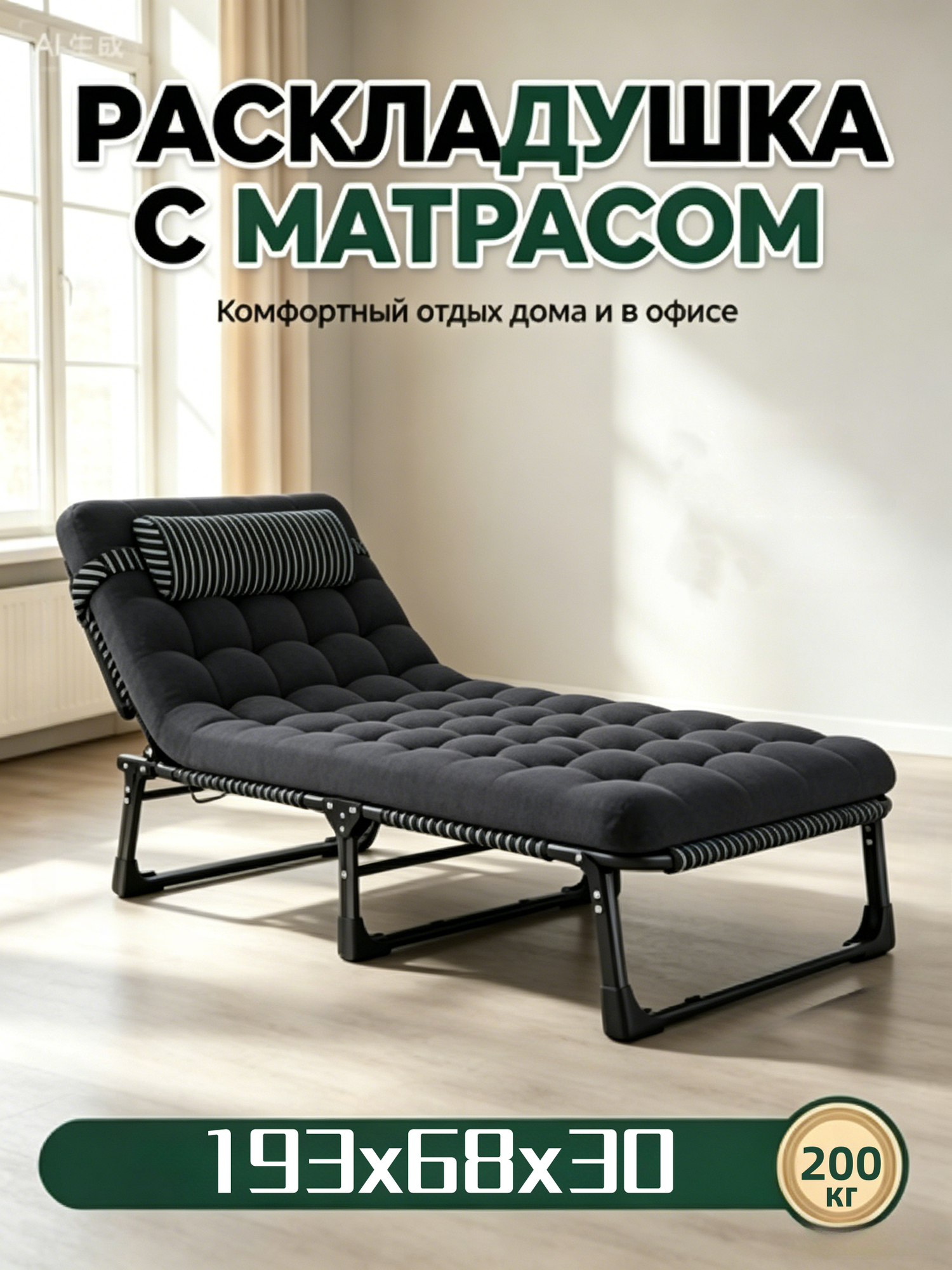 Раскладушка, с матрасом, туристическая, взрослая, 150кг, 193х68х30 см