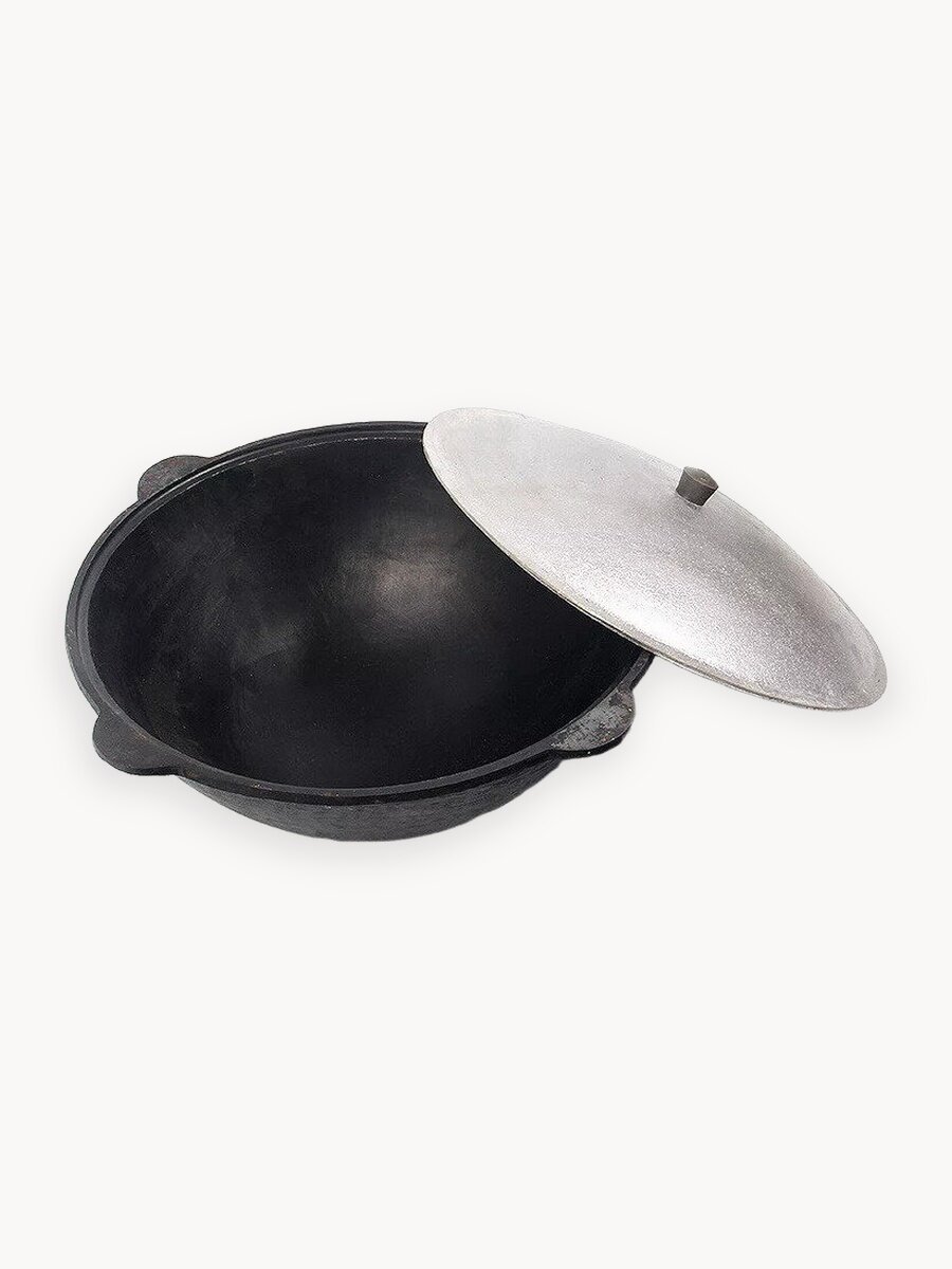 Казан Узбекский чугунный 10 литров (плоское дно) с алюминиевой крышкой