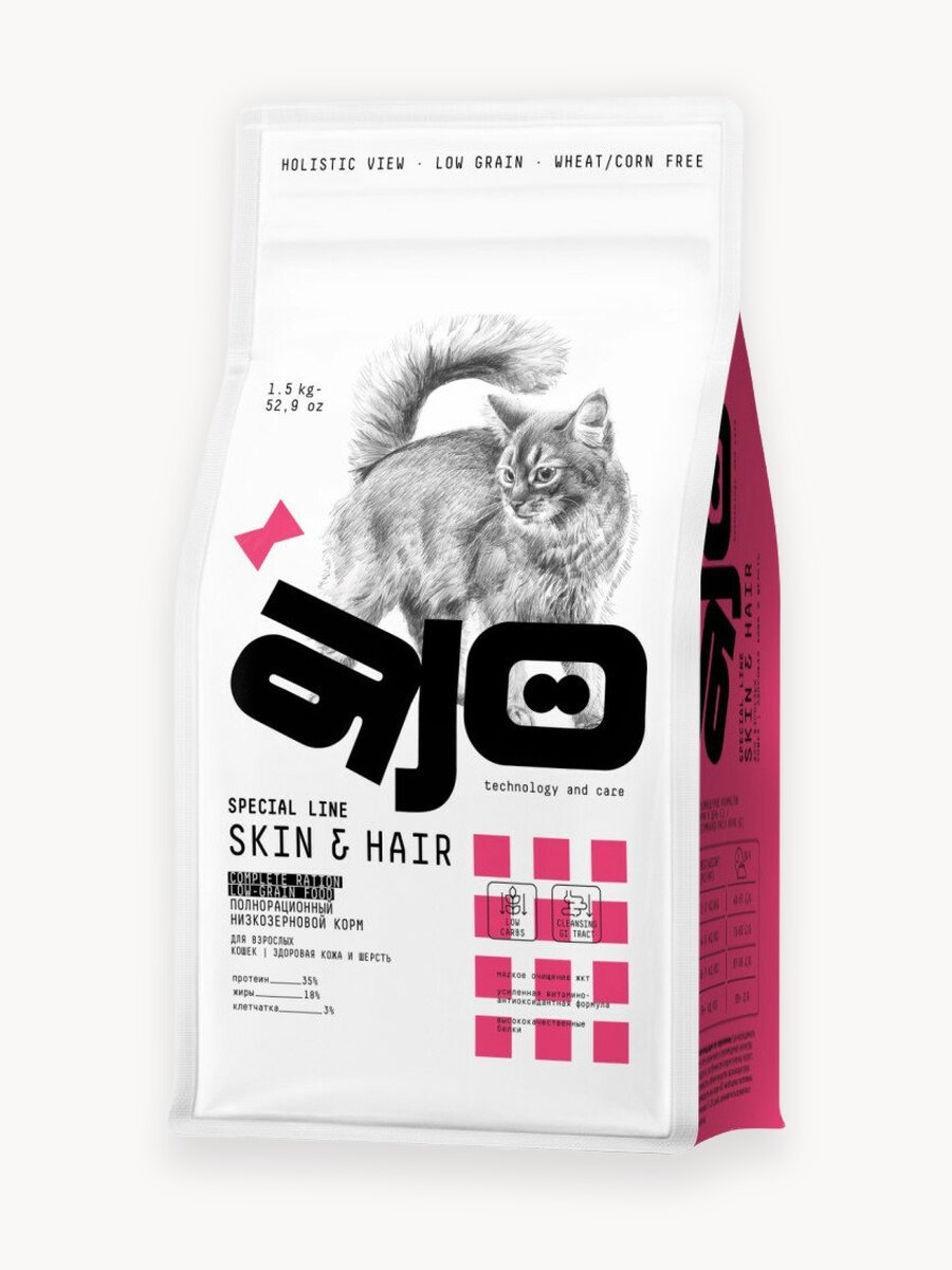 Корм для кошек AJO Skin&Hair, с лососем и индюшкой, для здоровья кожи, 1,5кг