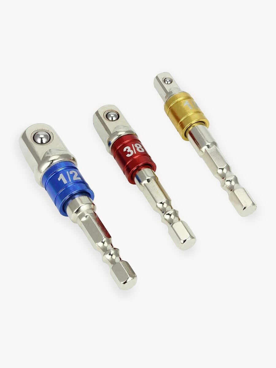 Набор адаптеров для торцевых головок (3 предмета/ Е1/4" на квадрат 1/4", 3/8", 1/2" / L 65-73 мм)