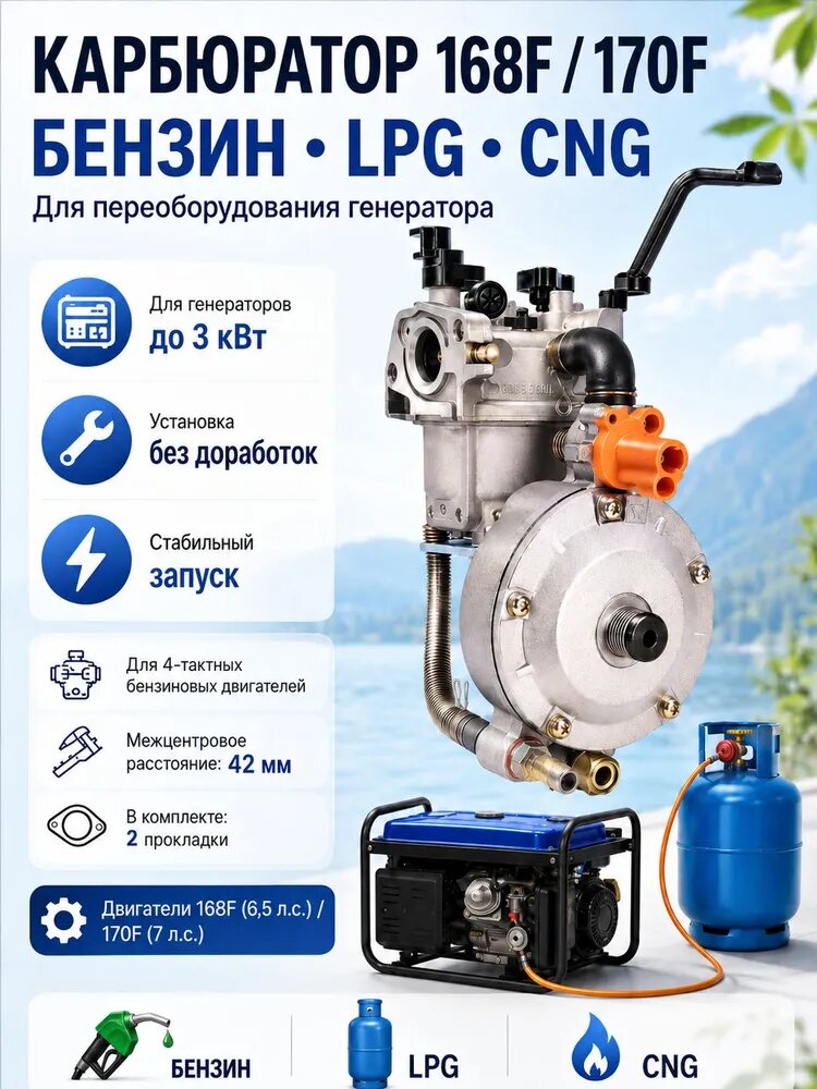 Карбюратор газ-бензин для двигателей 168F/170F (GX160/GX200); двухтопливный, для генераторов, мотоблоков и мотопомп 1.5-3.5 кВт, экономия топлива.