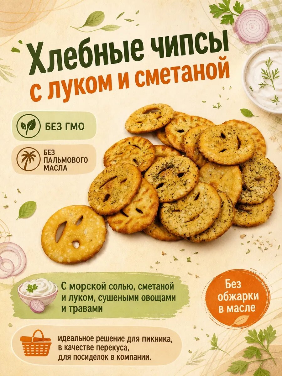 Хлебные чипсы со сметаной и луком,150гр