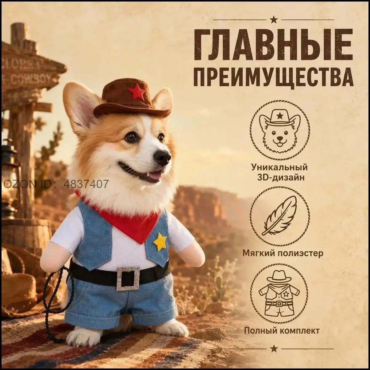 Костюм для собаки ковбоя, размер XL, полиэстер, с аксессуарами и наполненными лапами
