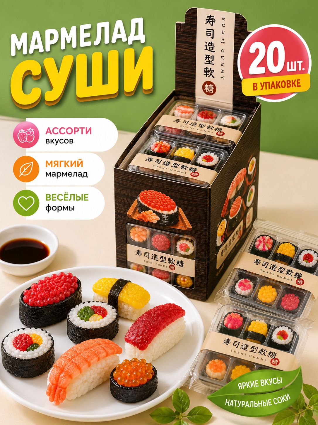 Жевательный мармелад " Роллы и Суши ", мармеладные ассорти, 20 г * 20 шт