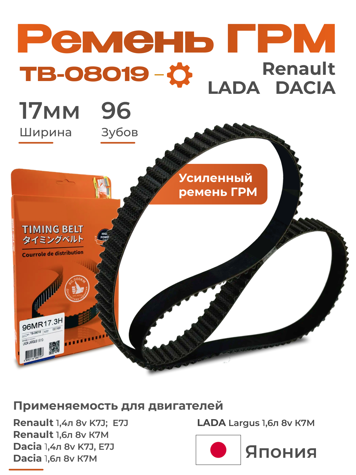 Ремень ГРМ Усиленный Лада Ларгус 8V TB-08019 96 зубьев