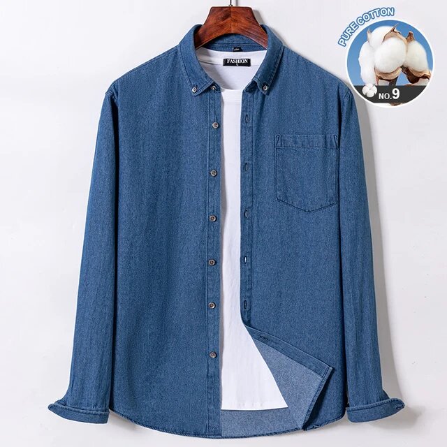 Модные корейские социальные топы, джинсовые рубашки из чистого хлопка с длинными рукавами для мужчин, повседневные Простые рубашки с одним карманом, мягкая ковбойская одежда