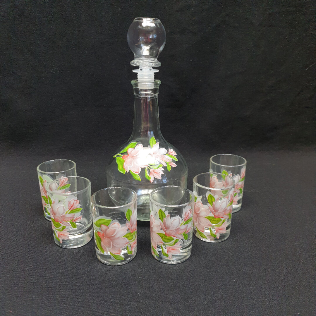 Набор из графина и 6 стопок, стекло деколь, винтаж СССР