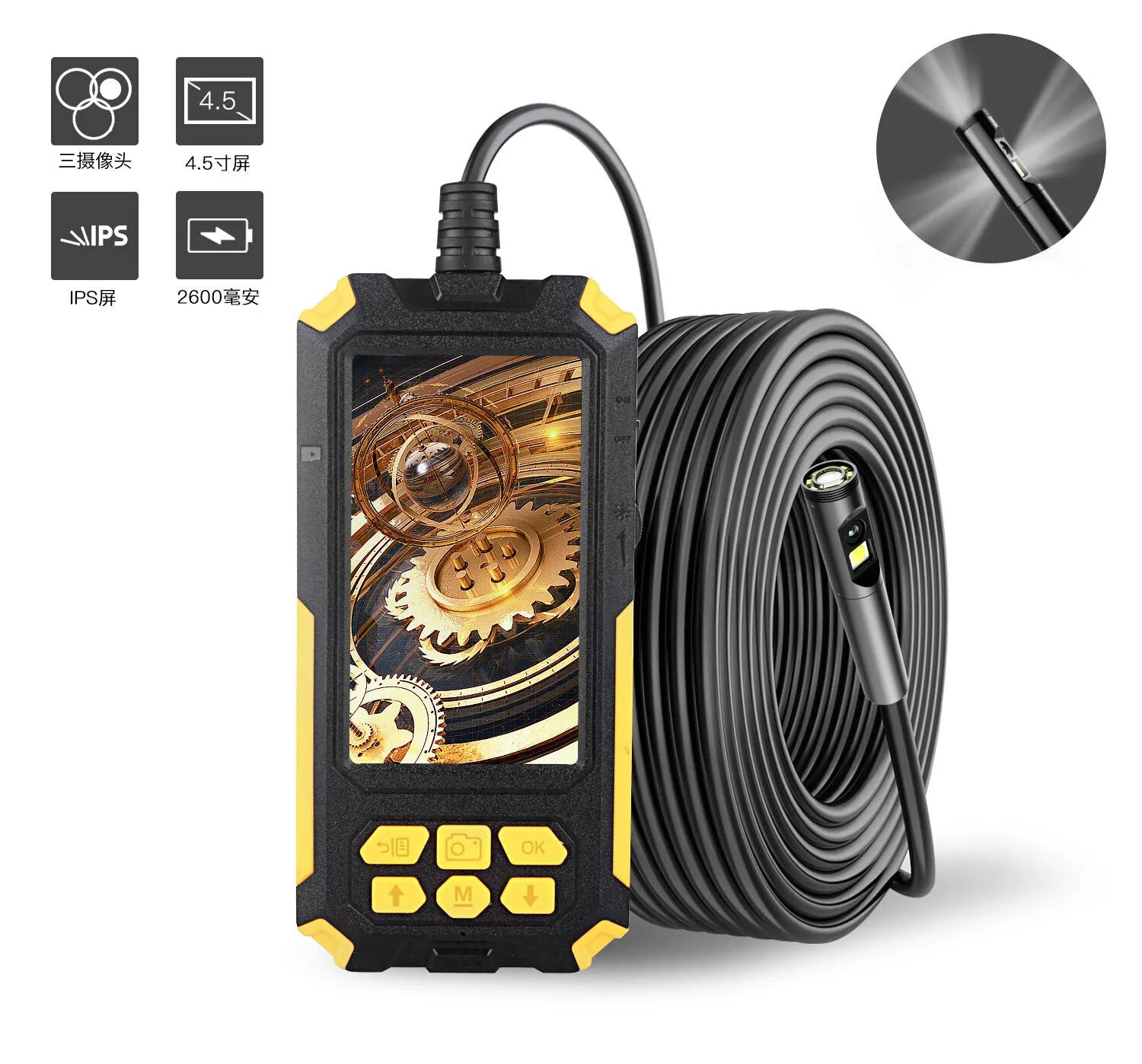 4,5-дюймовый экран, 8 мм, 2 МП, 1080P, тройной объектив, промышленный эндоскоп, CMOS, бороскоп, инспекционный отоскоп, камера, цифровой микроскоп