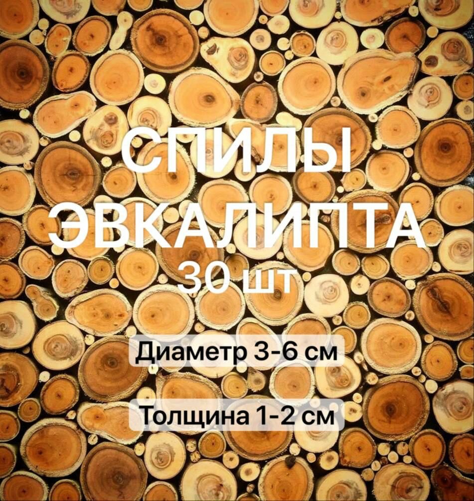 Спилы Эвкалипта для панно и рукоделия, диаметр 3-6 см, толщина 1-2 см, 30шт