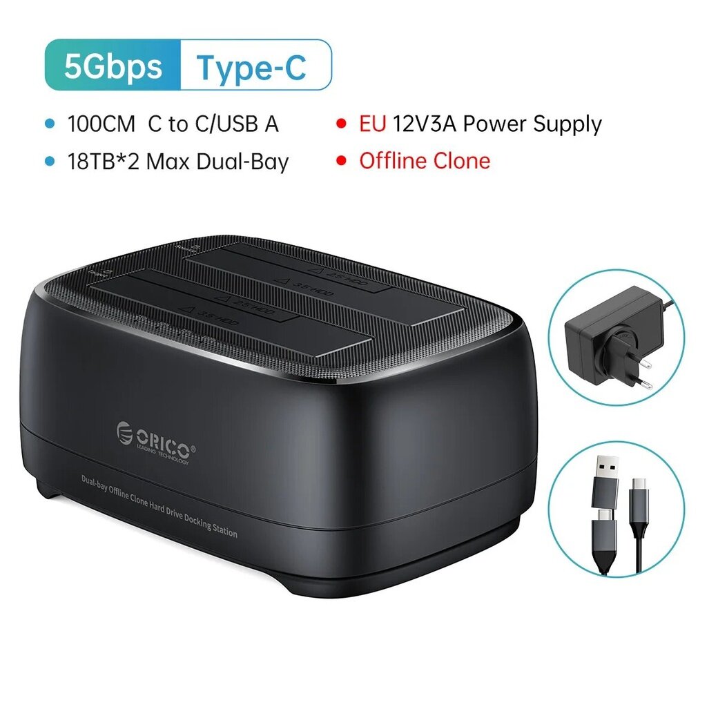 ORICO Док-станция 2xHDD USB3.0, DD28C3-C-EU-BK, цвет черный, 12V/3A