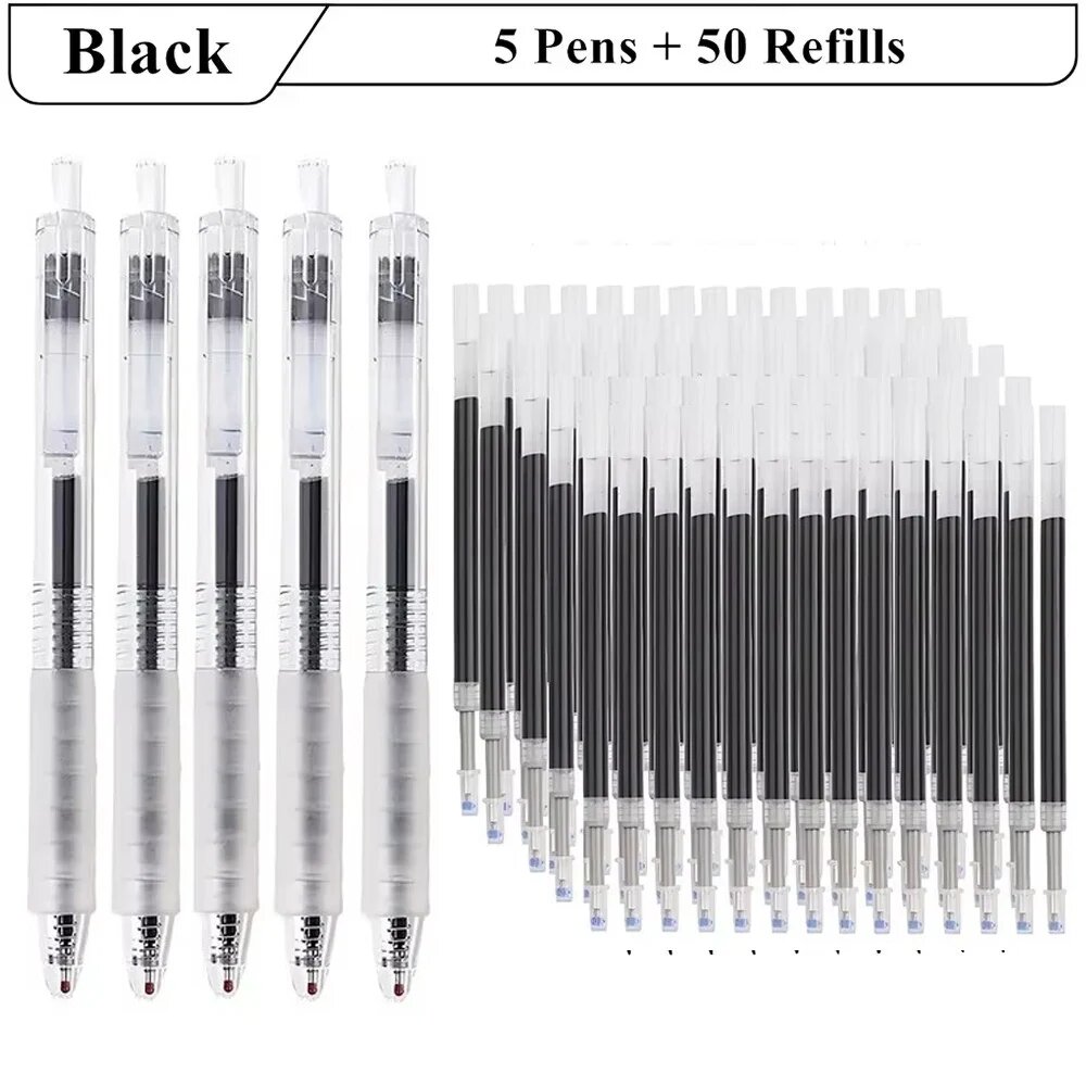5 ручек, 50 стержней, набор гелевых чернил, 0,5 мм, черные чернила, выдвижной, прозрачный дизайн, мягкая ручка, гладкое письмо, офисные школьные принадлежности