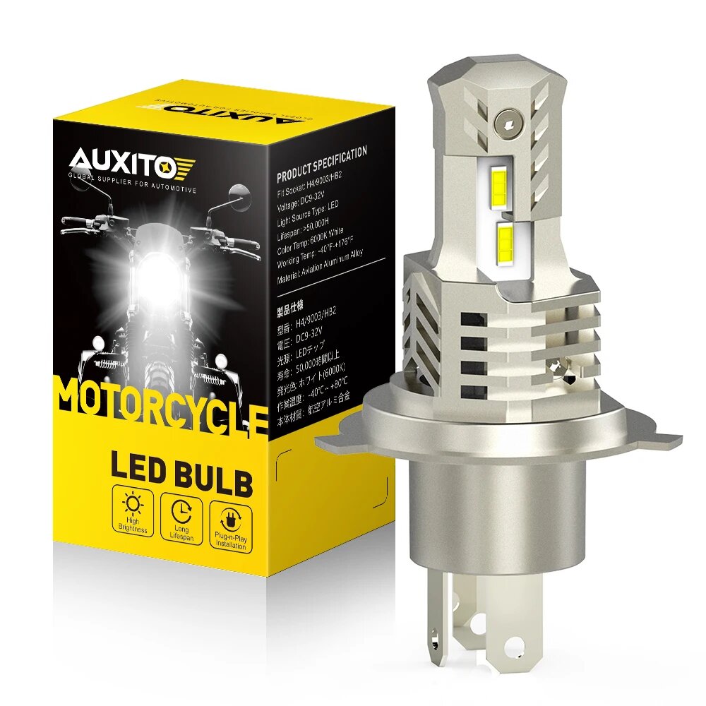 Светодиодные лампы для мотоциклетных фар AUXITO, H4, 12 В, 6000 К