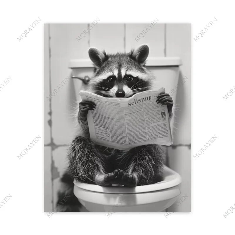 Милый енот в туалете, забавные животные, постеры для ванной комнаты, принты, холст, картина, черно-белые настенные художественные фотографии, домашний декор для душа