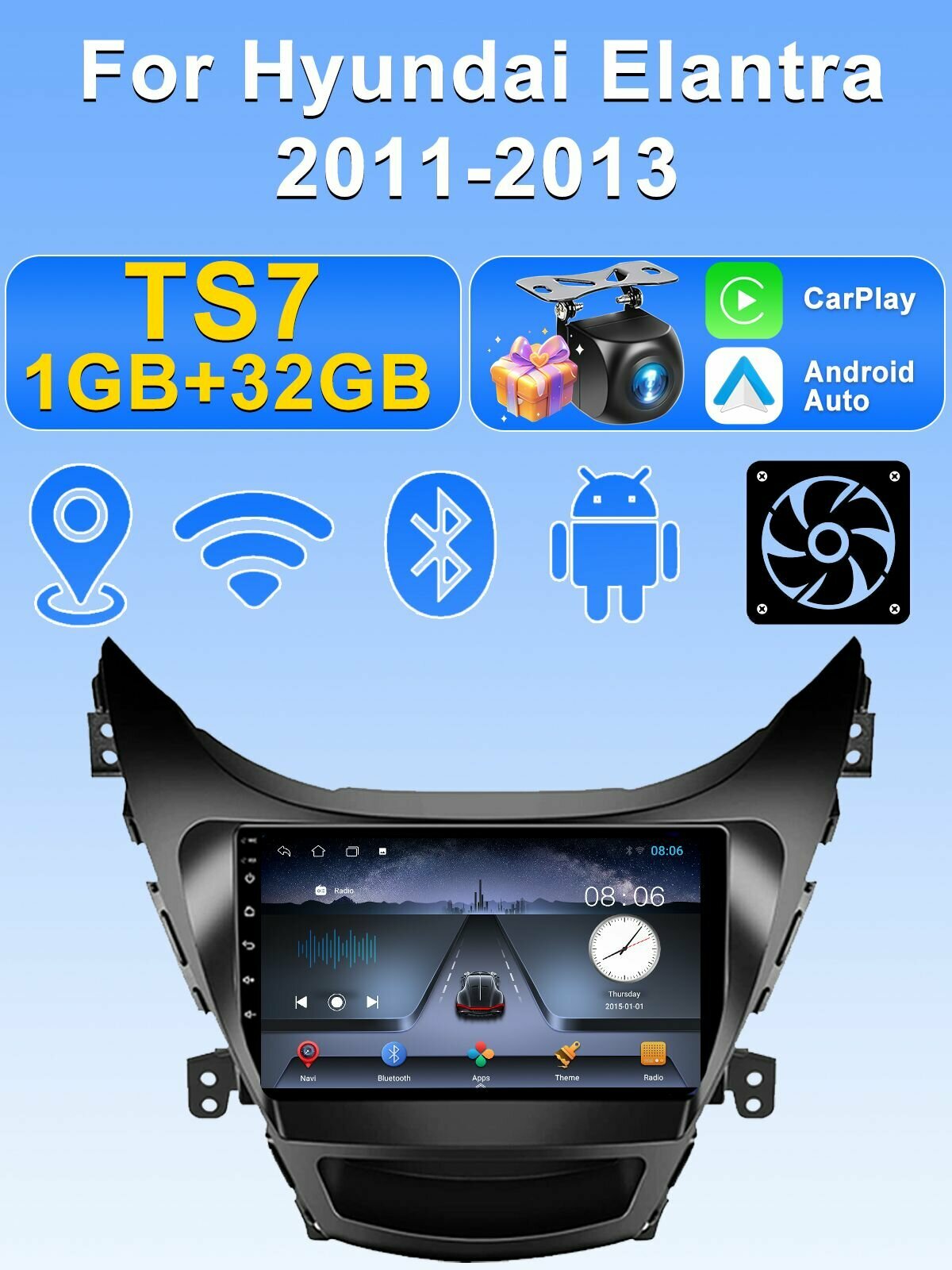 Магнитола для Hyundai Elantra 2011-2013 , Автомагнитола для Хендэ Элантра,2din android 1+32G Мультимедиа Bluetooth FM WIFI Автомобильный