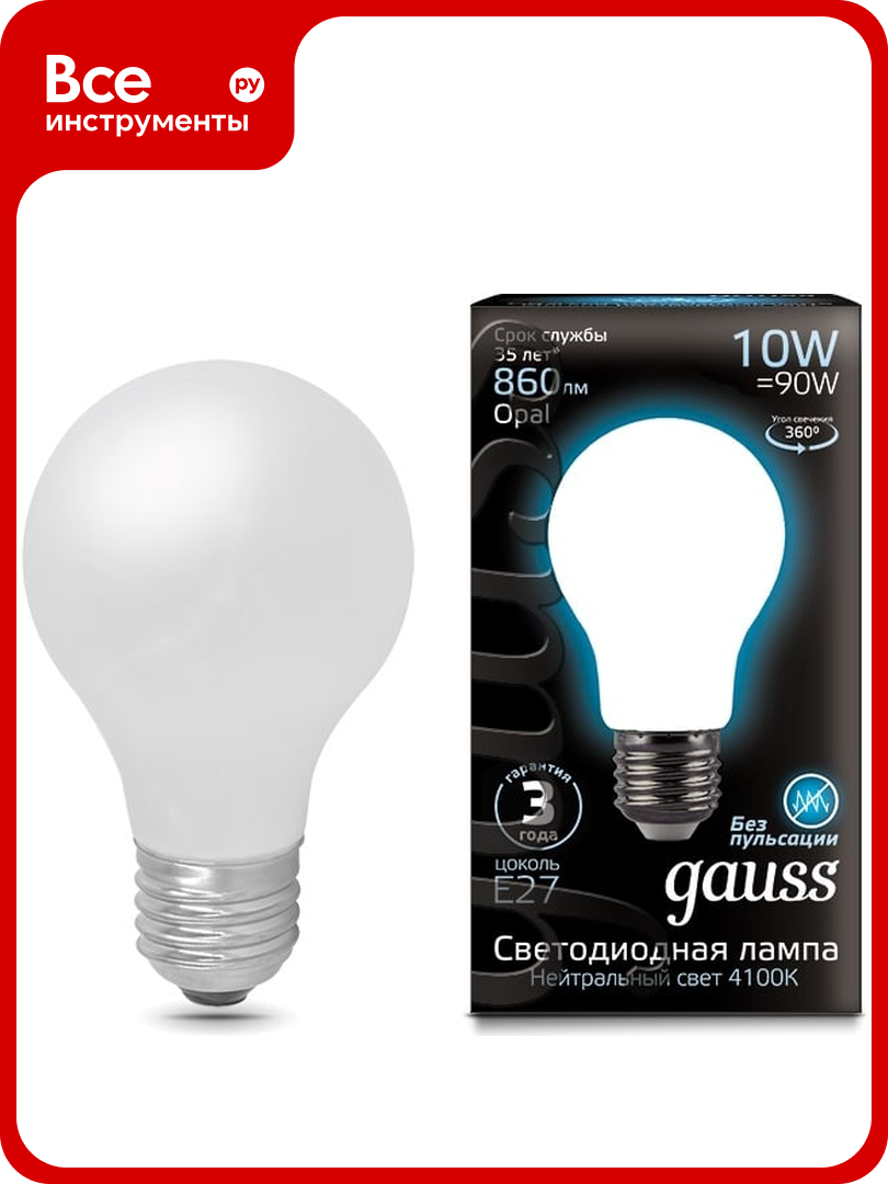 Лампа Gauss LED Filament A60 OPAL E27 10W 860Лм 4100К SQ 102202210