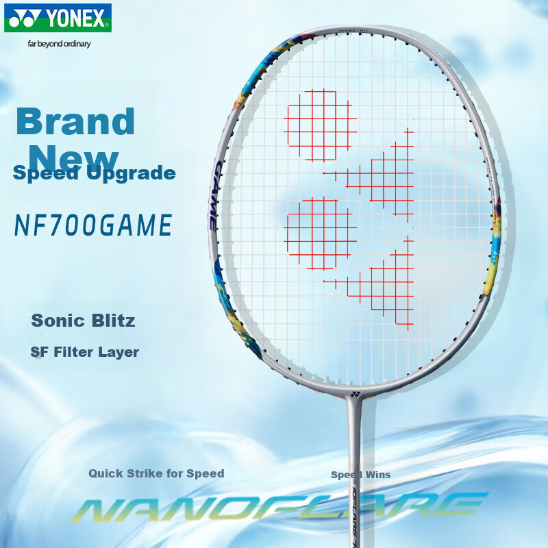YONEX Badminton Racket, Jiguang Full Carbon Single Racket, NF700GAME, Silver Blue, 4U, Pre-Strung, 26 Pounds