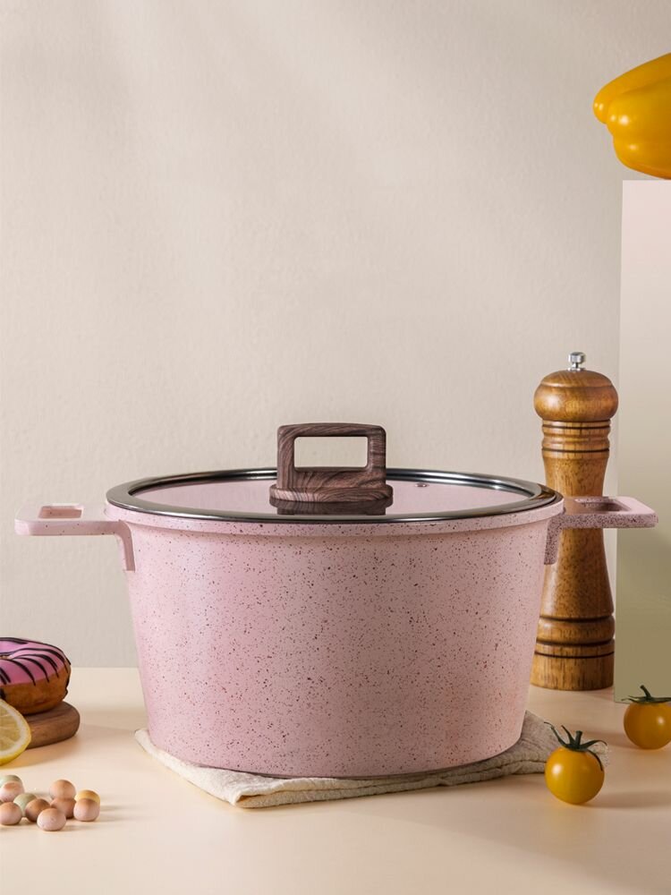 Кастрюля с крышкой, керамика, антипригарное покрытие, цвет темно-розовый, 24см
