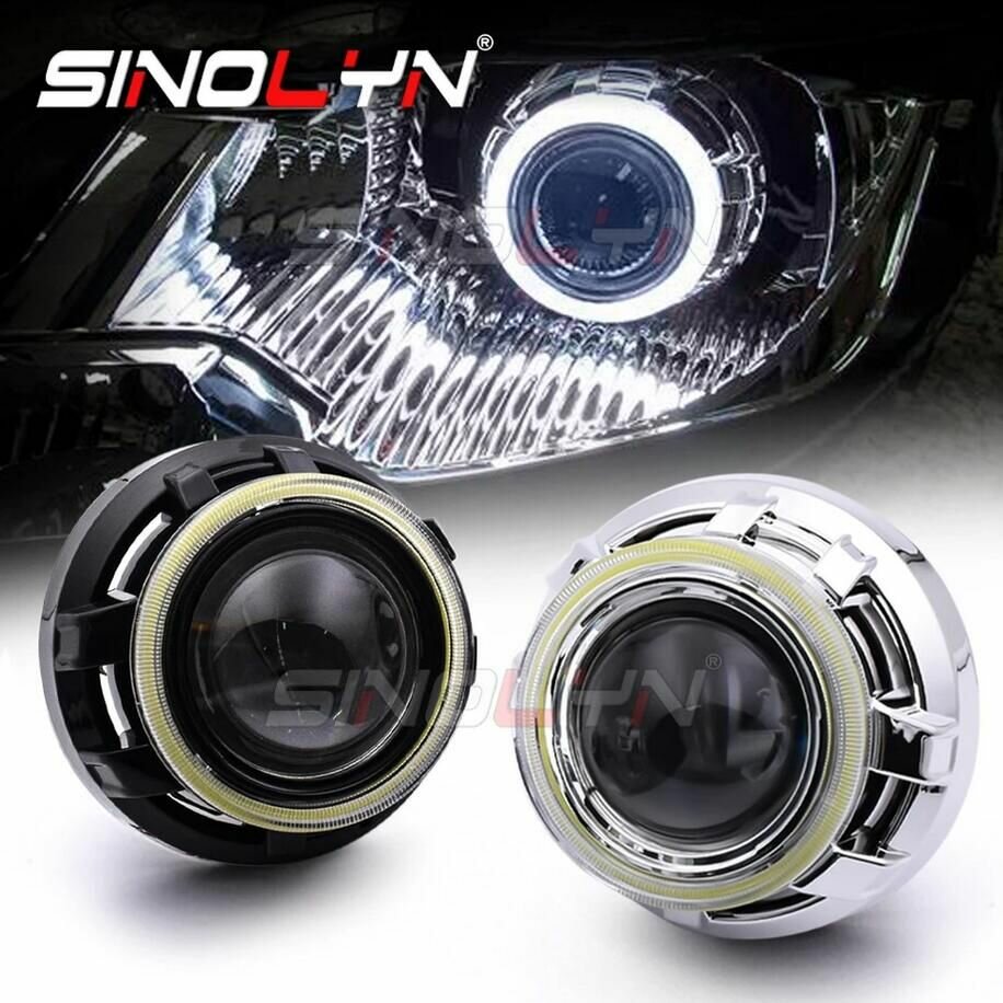 Биксеноновая линза в фару 3 дюйма с ангельскими глазками LED DRL под лампу H1 (переходники H4 / H7) 2 шт