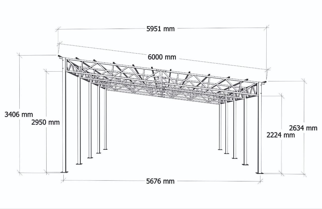 Навес для автомобилей односкатный, сборно-разборный, серый, 8х5,6 м, без покрытия
