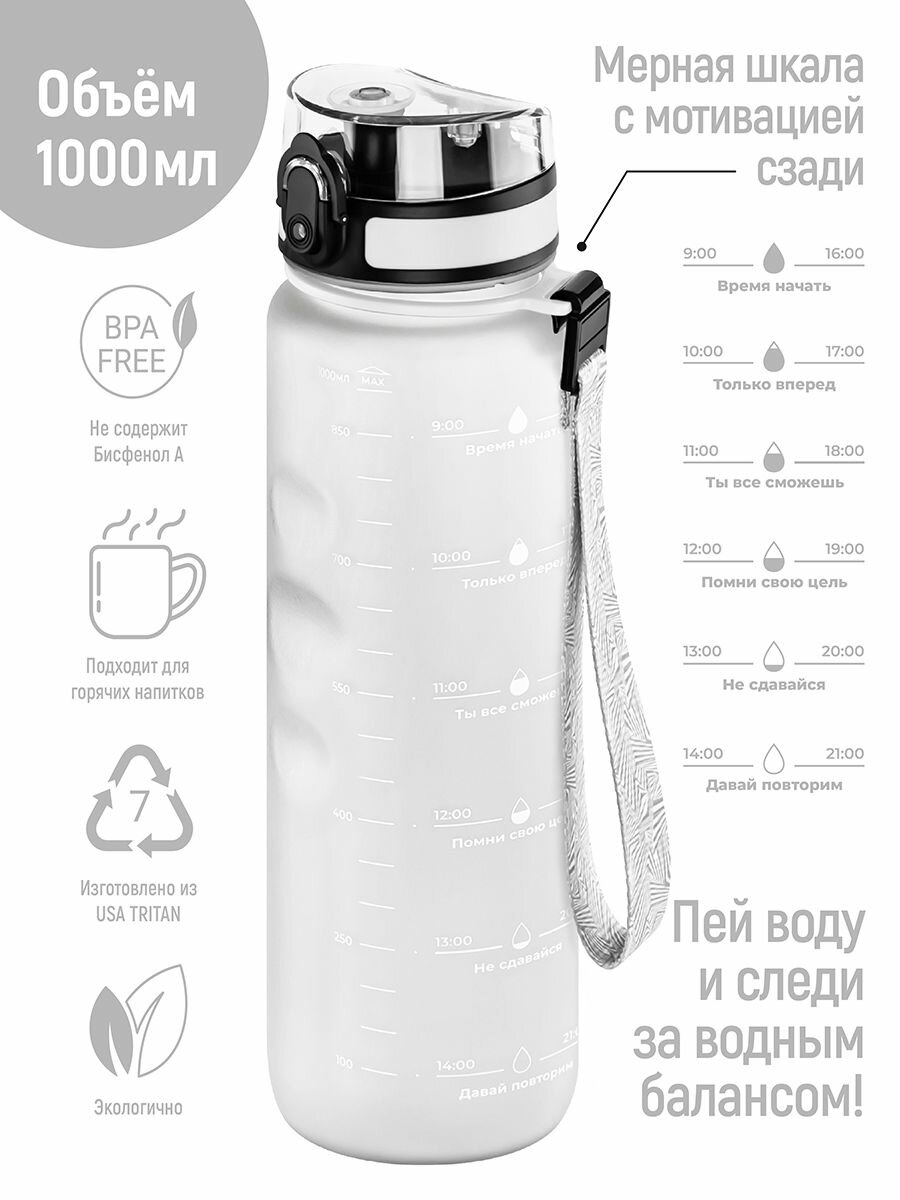 Бутылка для воды спортивная 1000 мл Elan Gallery Style Matte, белая, мотивационная, 7,8х7,8х28,5 см