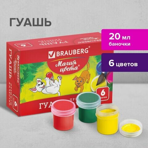 6 шт, Гуашь BRAUBERG "магия цвета", 6 цветов по 20 мл, 190555