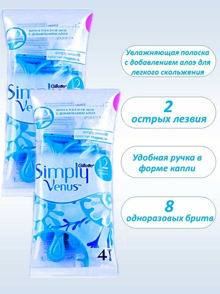 Бритвы женские одноразовые Gillette Venus 2, увлажняющая полоска, 2 упак х 4 шт.