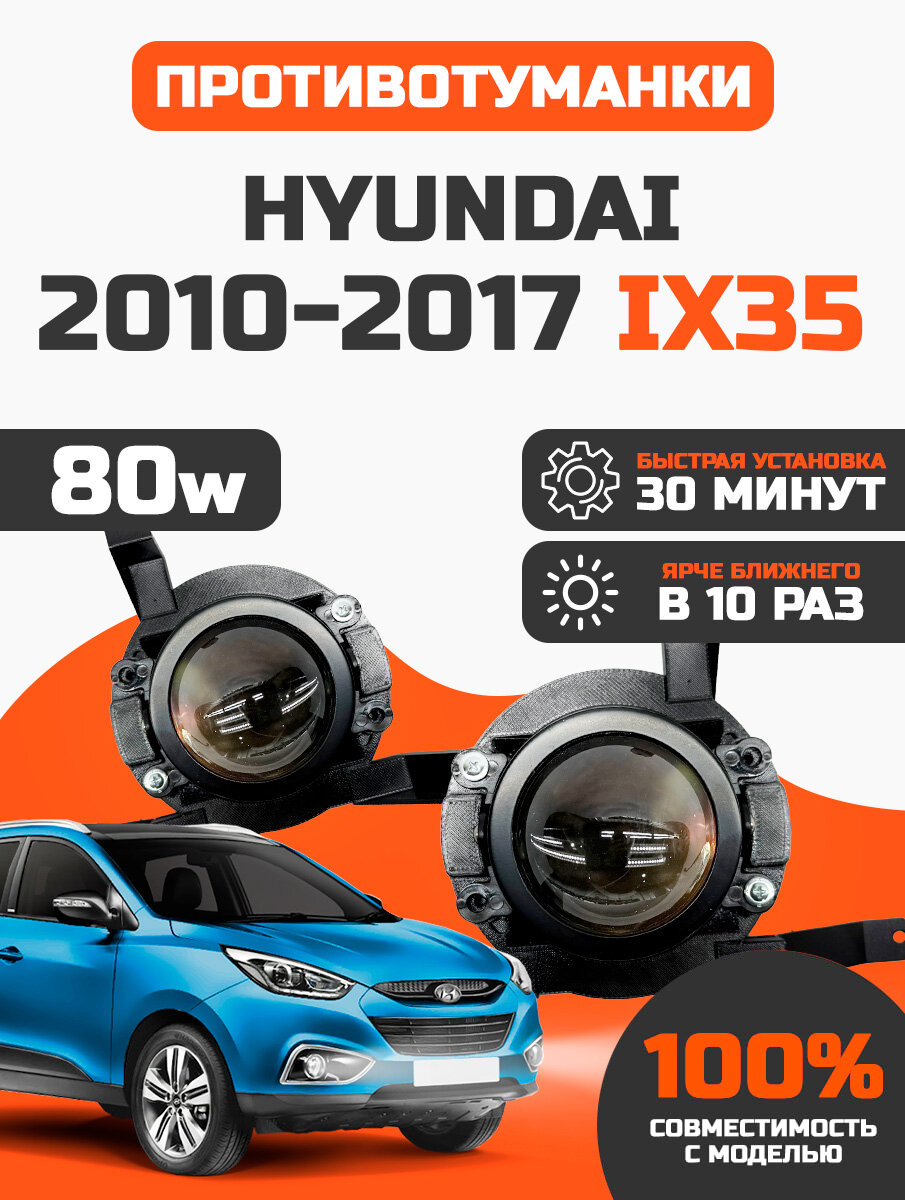 Линзованные светодиодные противотуманные фары ПТФ Hyundai IX 35 (2009-2015) LED 80Вт GFD, набор 2 шт.